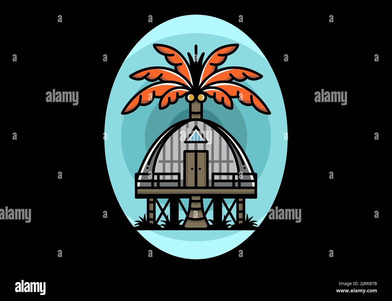 Illustration badge design of a Wooden house with big coconut tree Stock ...
