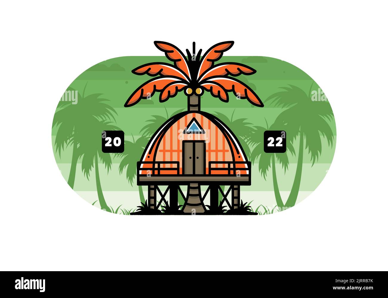Illustration badge design of a Wooden house with big coconut tree Stock ...