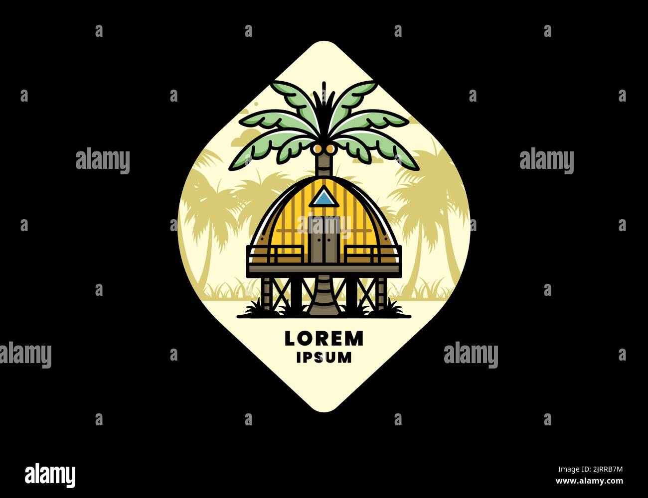 Illustration badge design of a Wooden house with big coconut tree Stock ...
