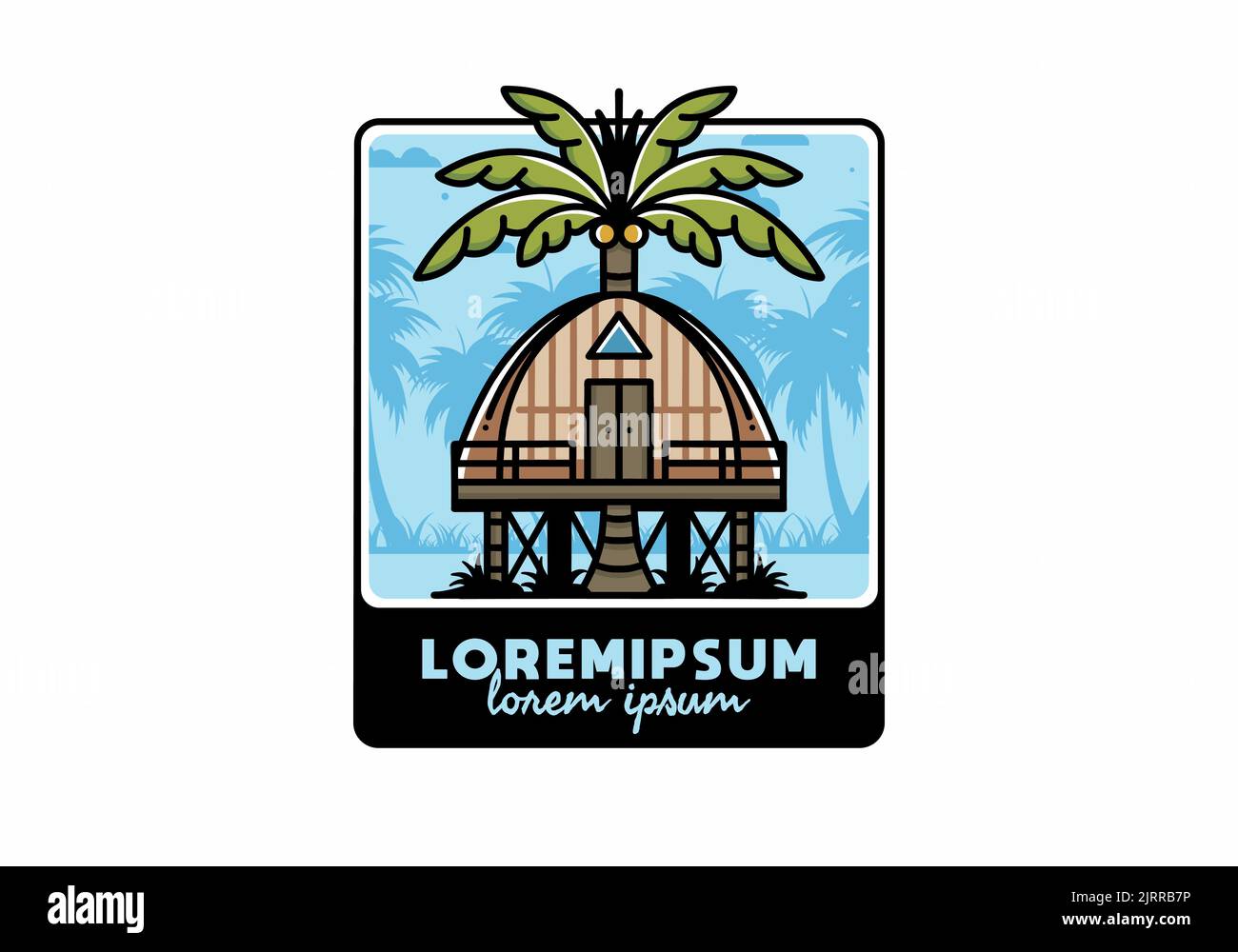 Illustration badge design of a Wooden house with big coconut tree Stock ...