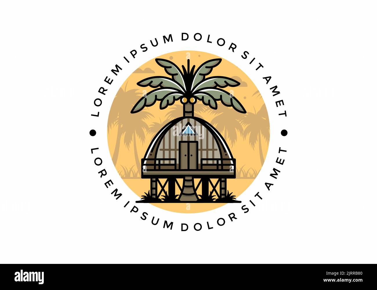 Illustration badge design of a Wooden house with big coconut tree Stock ...