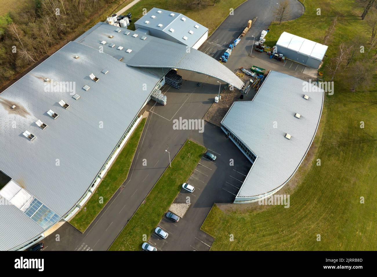 Aerial view of modern factory structure for production and distribution ...