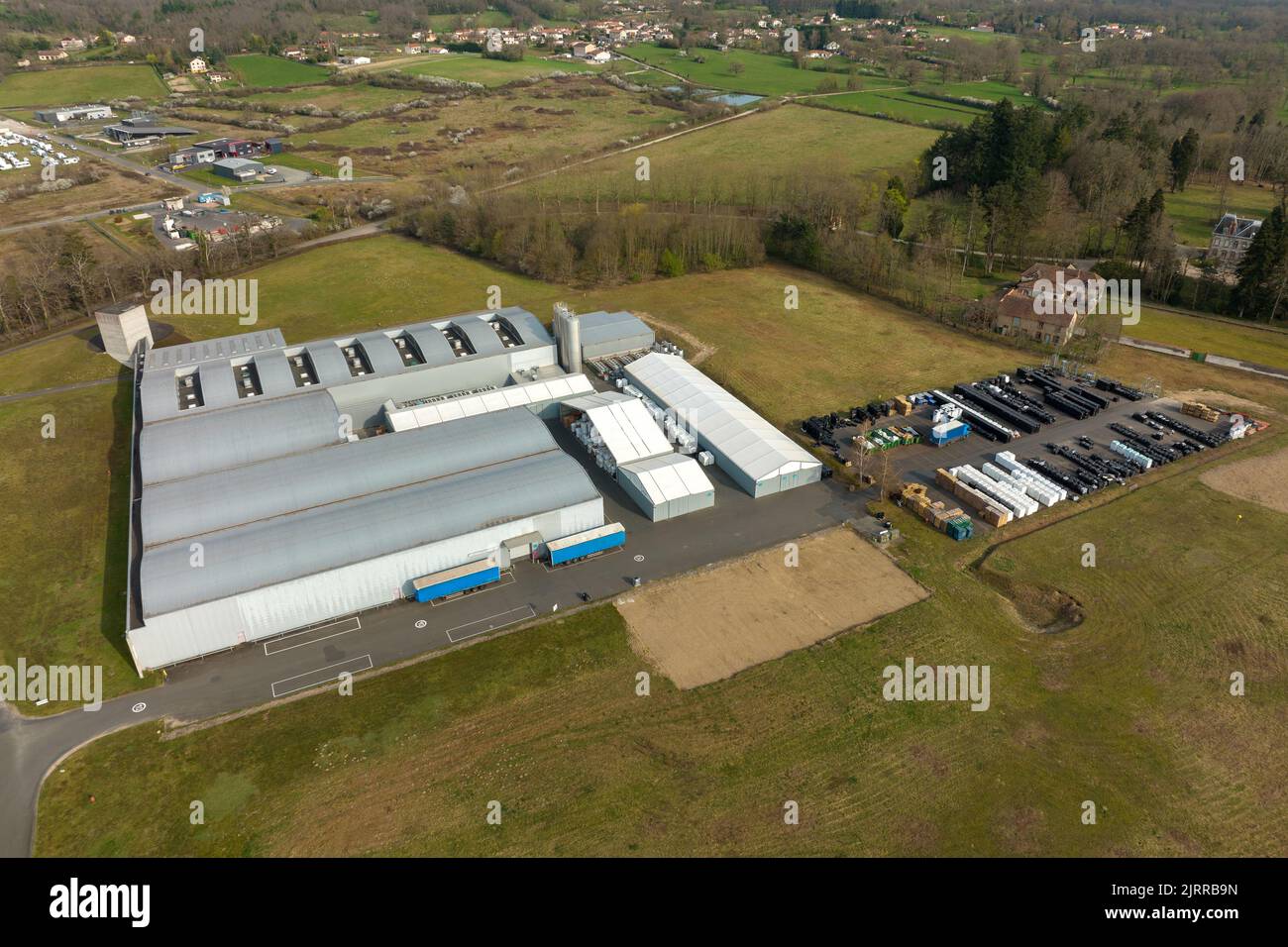 Aerial view of new factory building for producing and shipping of ...