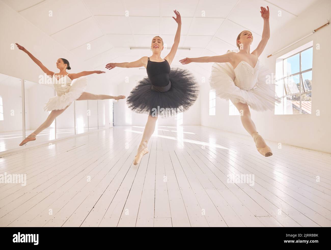 Training, ballet theater and dance studio with women learning with ...