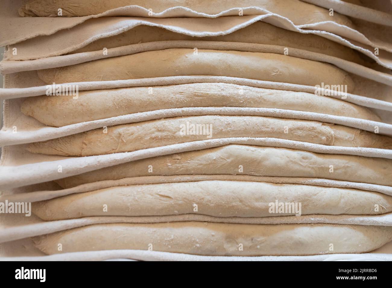 The process of making traditional French baguettes in a craft bakery ...
