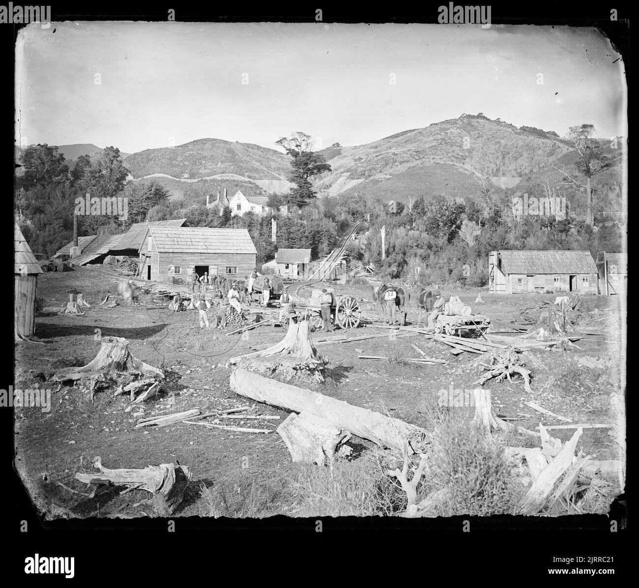 Scene at a sawmill, circa 1875, Manawat, by James Bragge Stock Photo ...