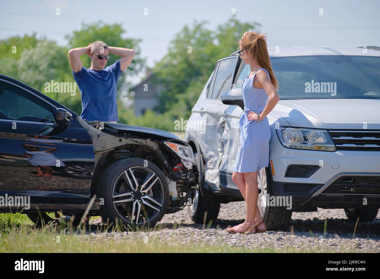 Drivers of smashed vehicles arguing who is guilty in car crash accident ...
