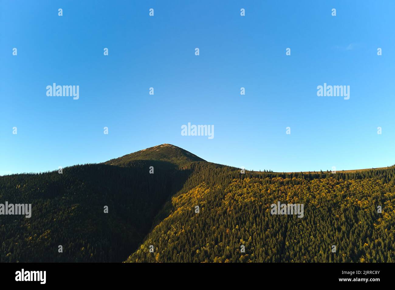 High hills with dark pine woods on autumn bright day. Amazing scenery ...