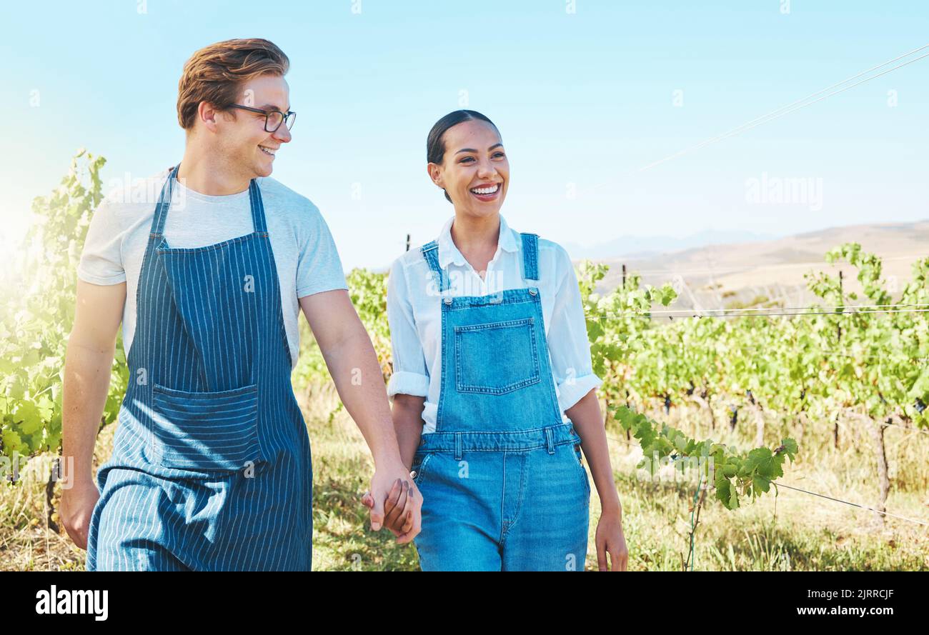 Farm, success, and love for wine, farmer couple in vineyard ...