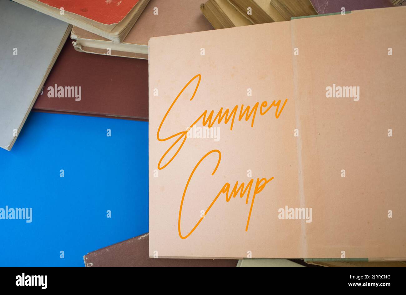 Summer Camp word in opened book with vintage, natural patterns old ...