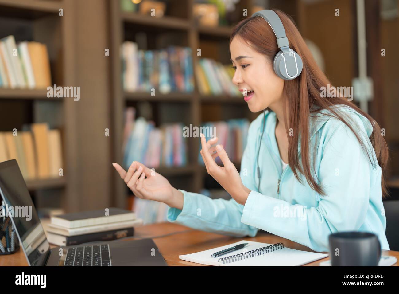 Education concept, Teenage girl make video call to learning lesson and ...