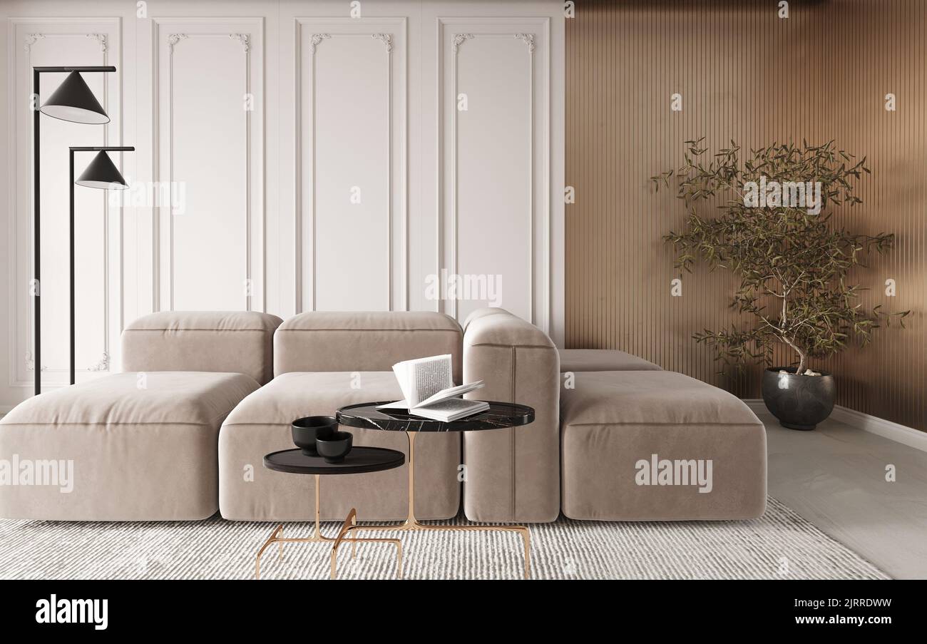 Modern luxury interior in golden and plaster walls with sofa, marble ...