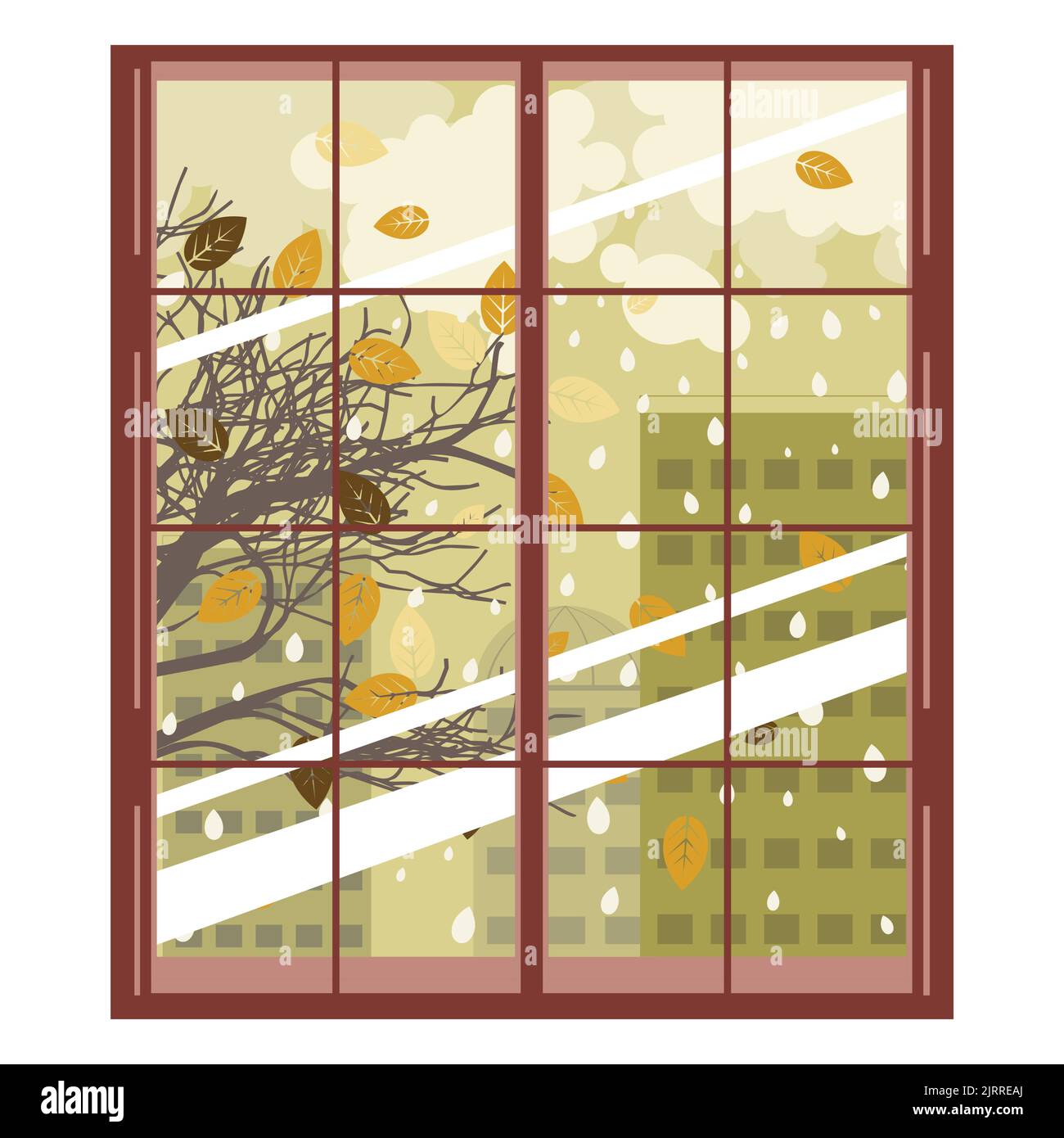 Tree with falling leaves and buildings behind window, rainy autumn day ...