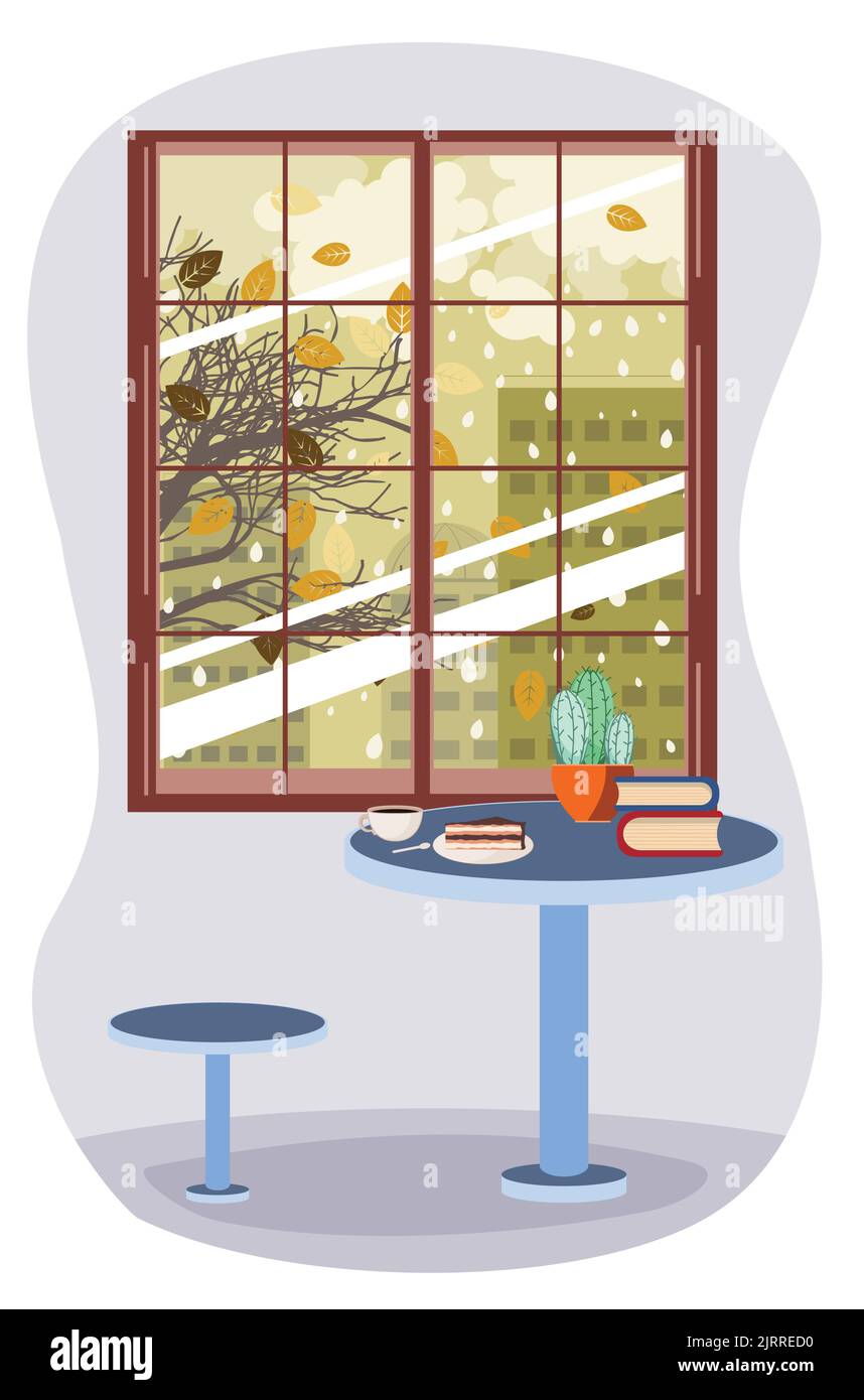 Tree with falling leaves and buildings behind window, rainy autumn day ...