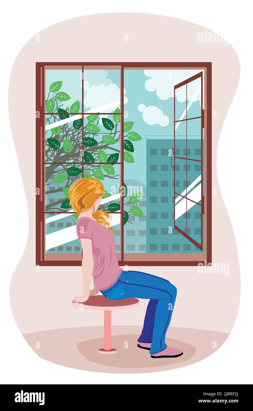 Blond girl sit on chair and looking at the tree with green leaves and ...