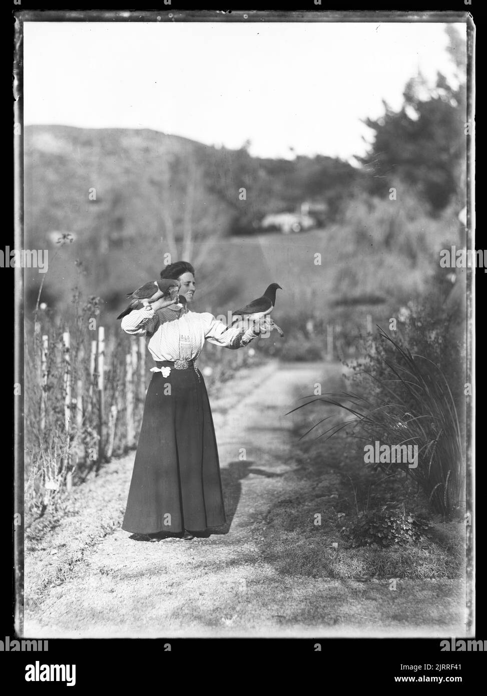 Anna Elizabeth (Bessie) Jerome Spencer with kerer, Tutira Estate, 1909 ...