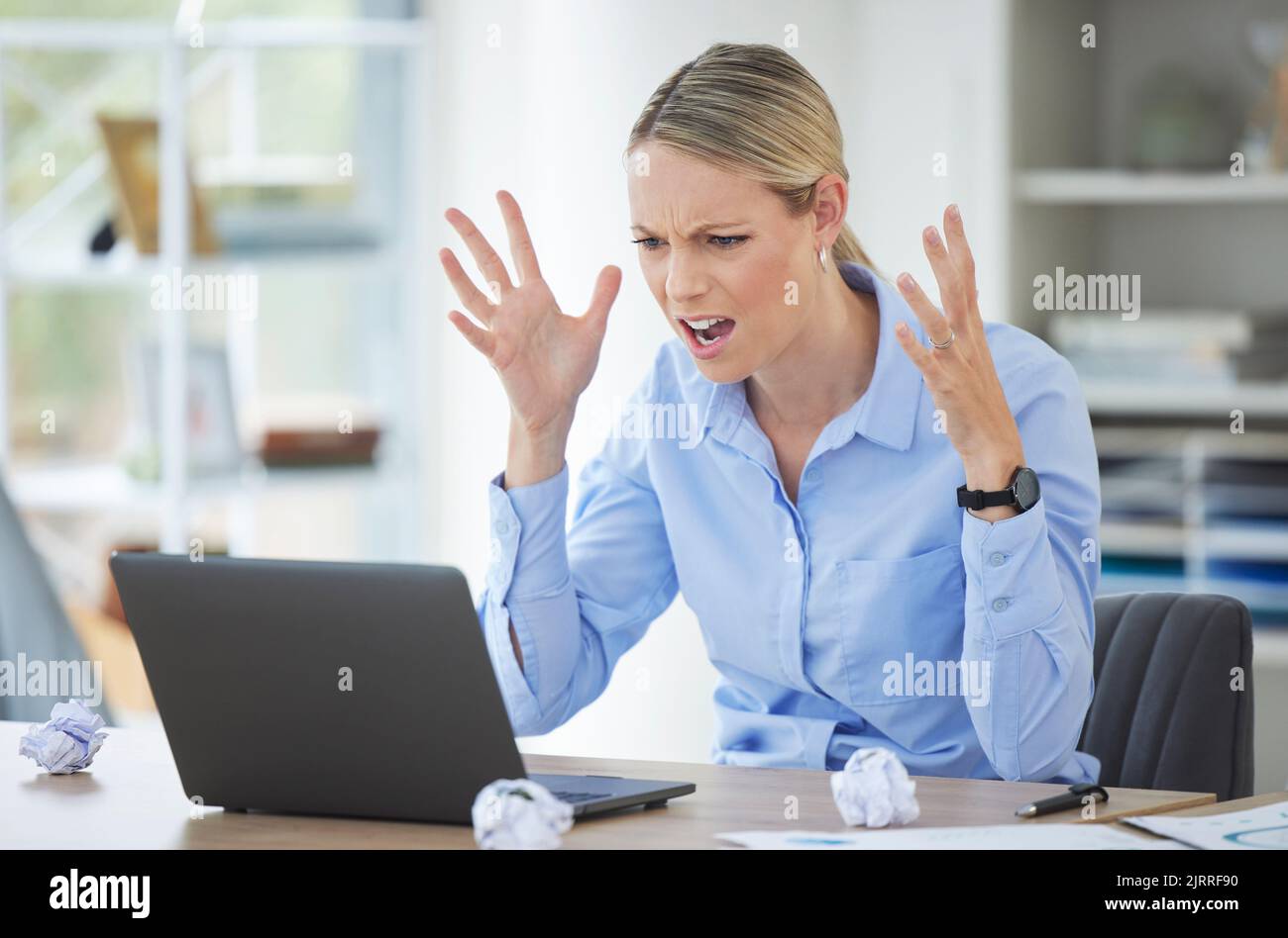 Burnout, fail and angry corporate employee with laptop stress, review ...