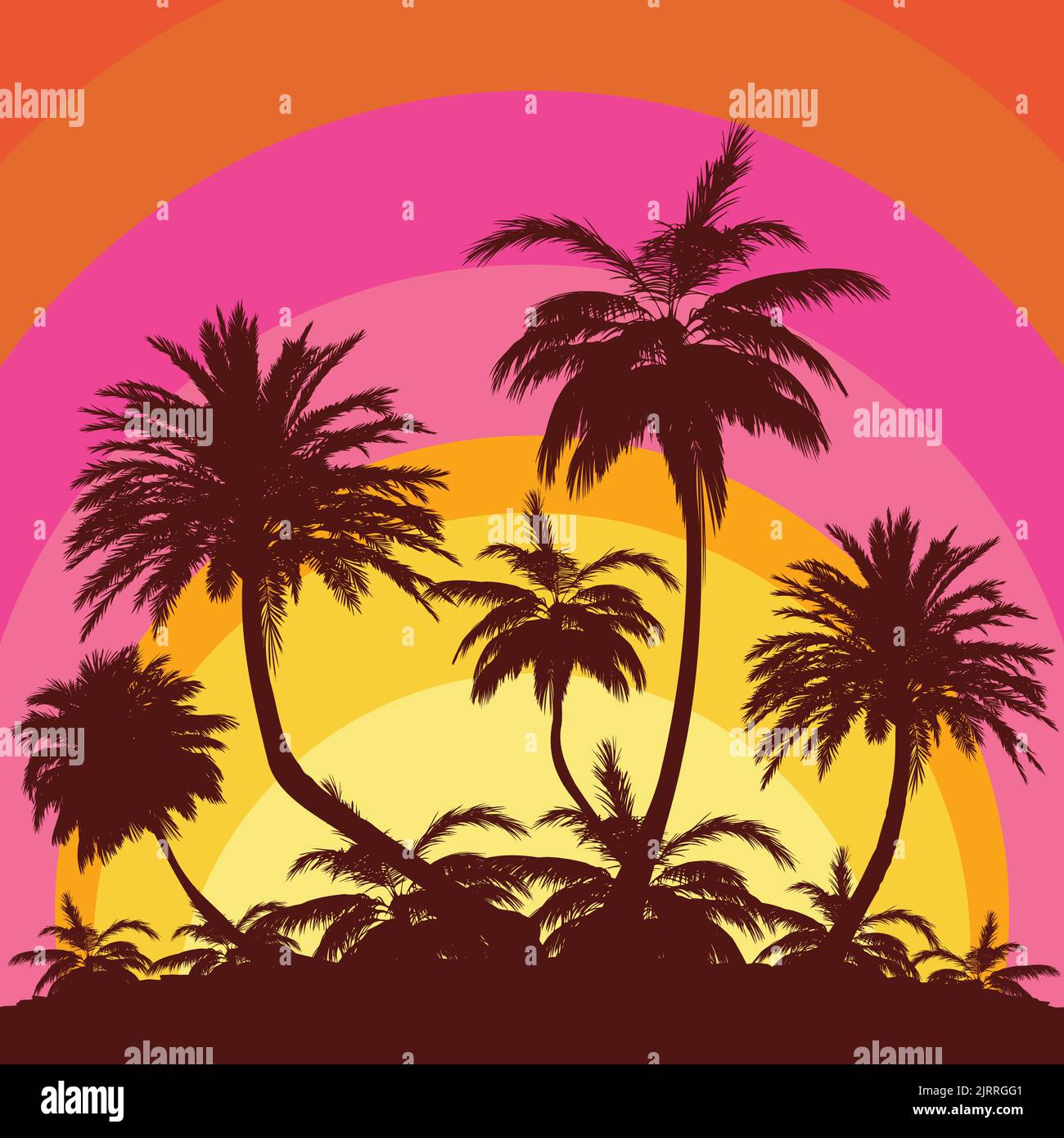 Detailed palm trees silhouettes on island, retro poster design ...
