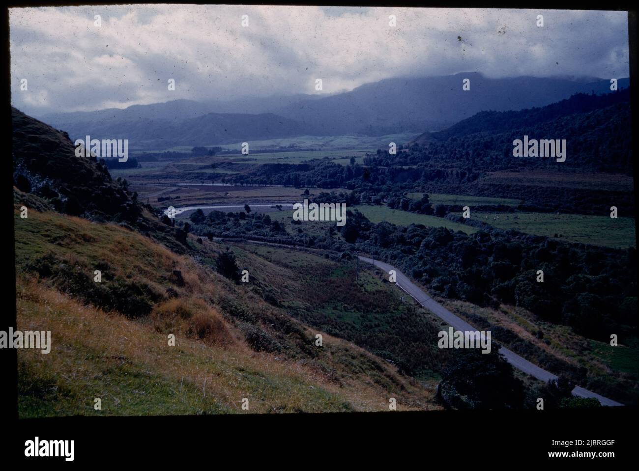 Lower part of intermontane valley of Ohau River showing terraced valley ...