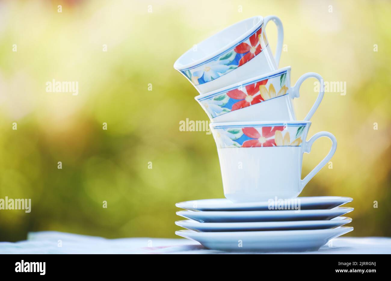 Garden cups, flowers and spring print china tea set for a calm morning ...
