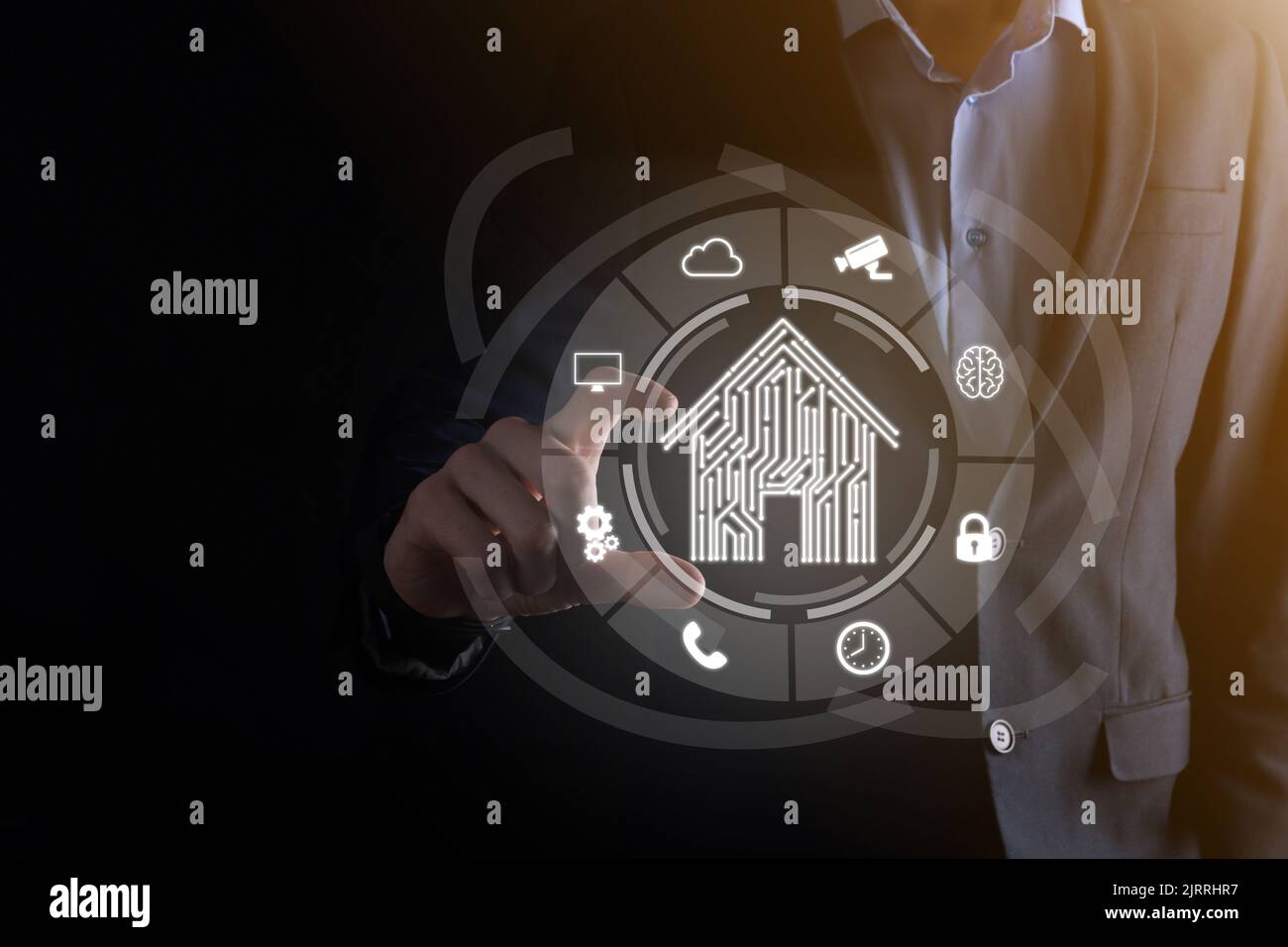 Businessman hold house icon.Smart home controlled, intelligent house ...