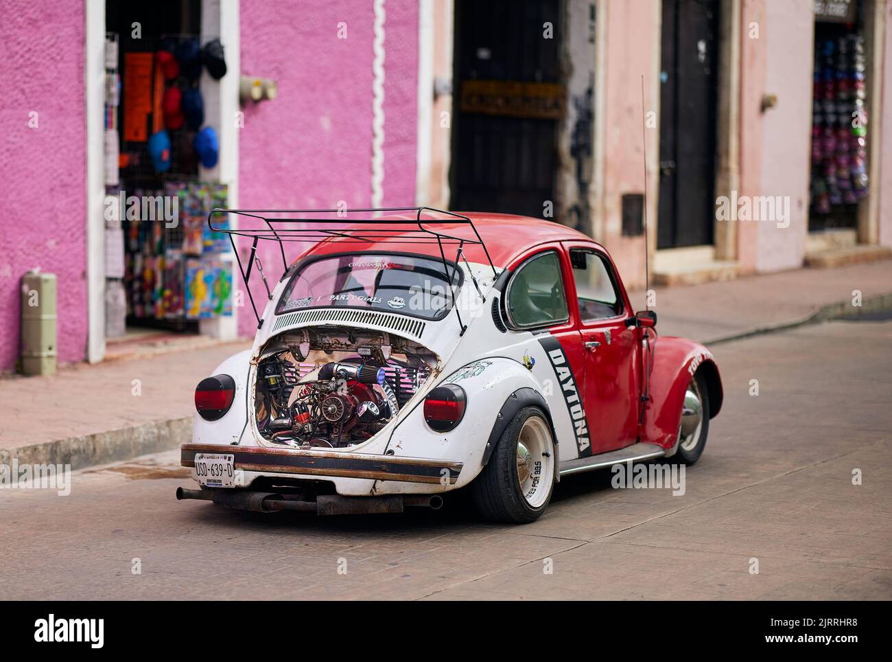 A back view of Volkswagen beetle turbo car in street of Valladolid ...