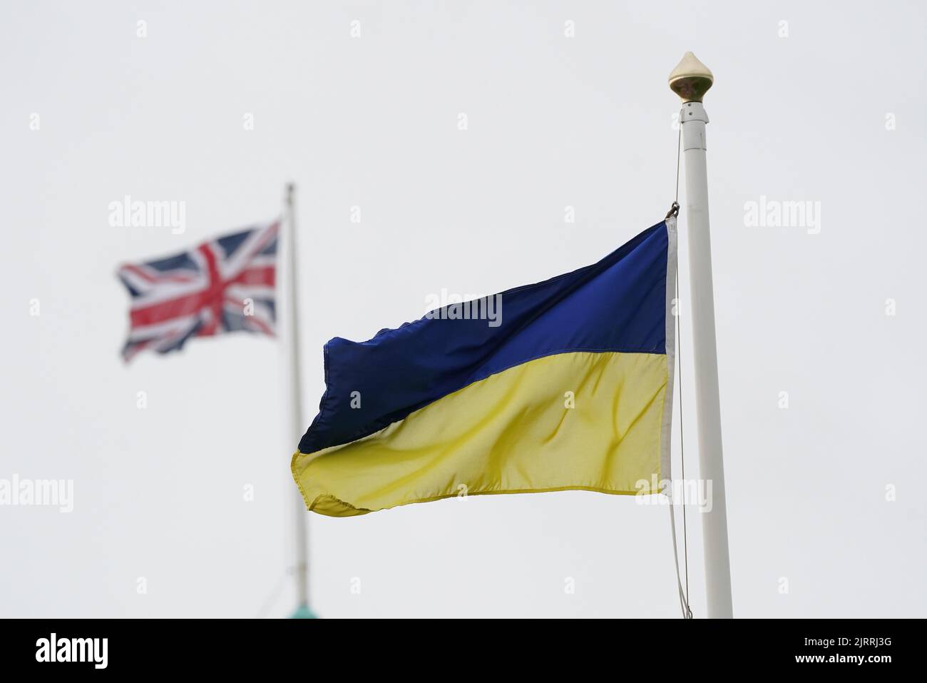File photo dated 06/05/22 of an Ukrainian and Union Jack flag flying ...