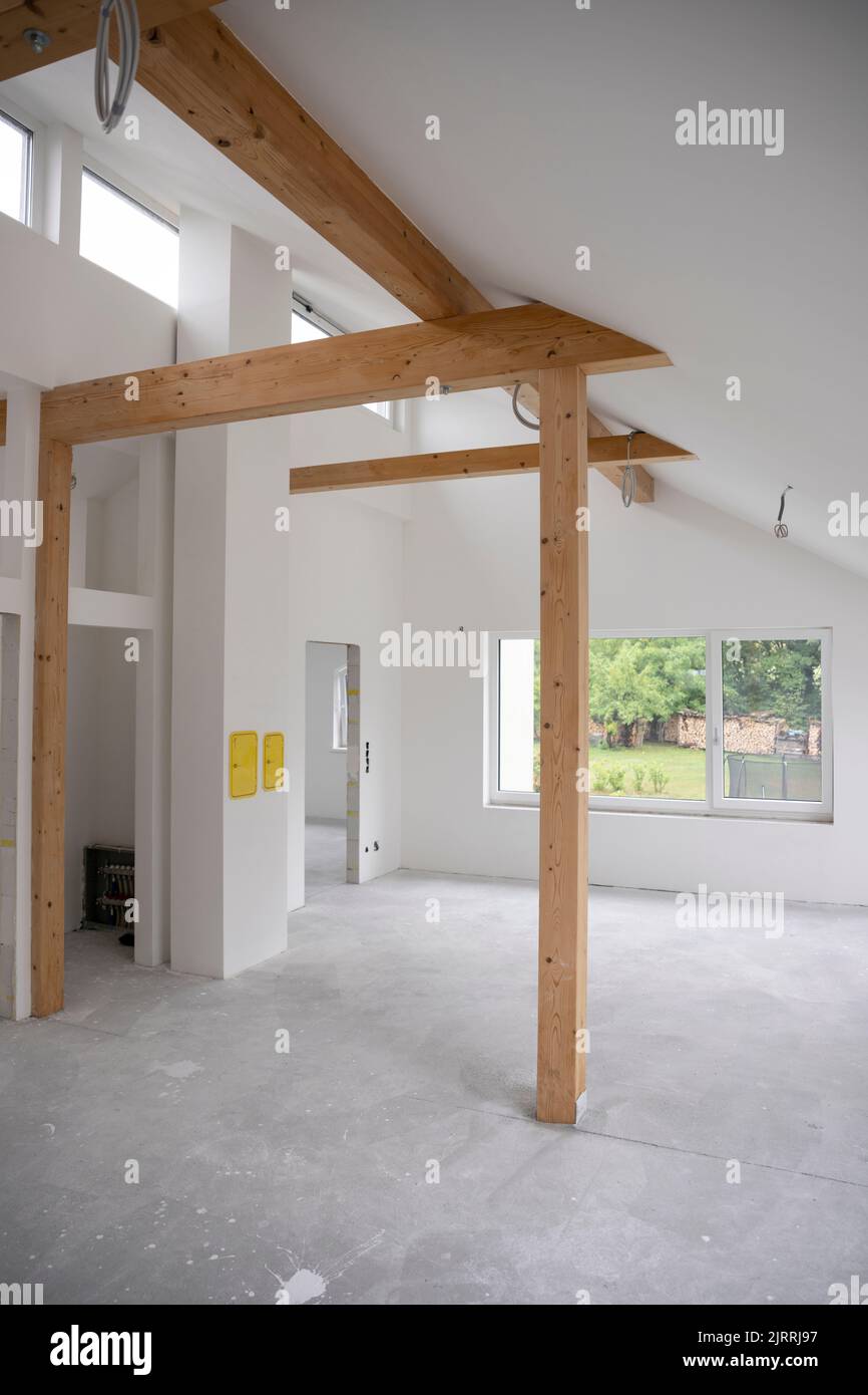 modern attic construction site freshly painted, the floor is still ...