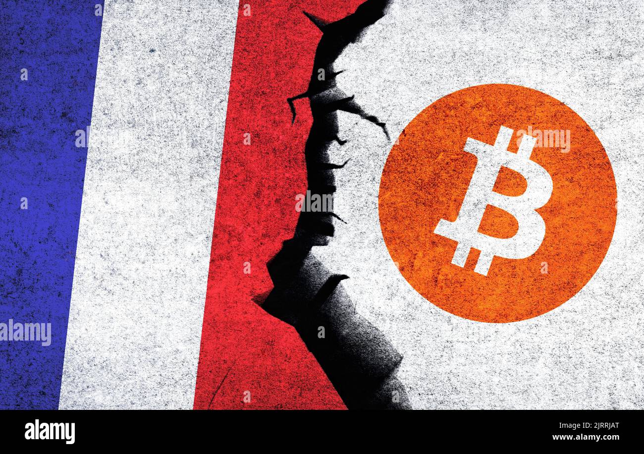 Bitcoin and France flag on a wall with a crack. France Bitcoin banned ...
