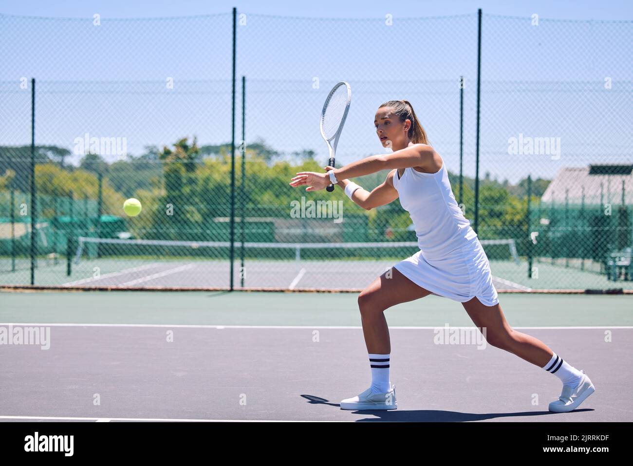Fitness, exercise and sport with training tennis player playing ...