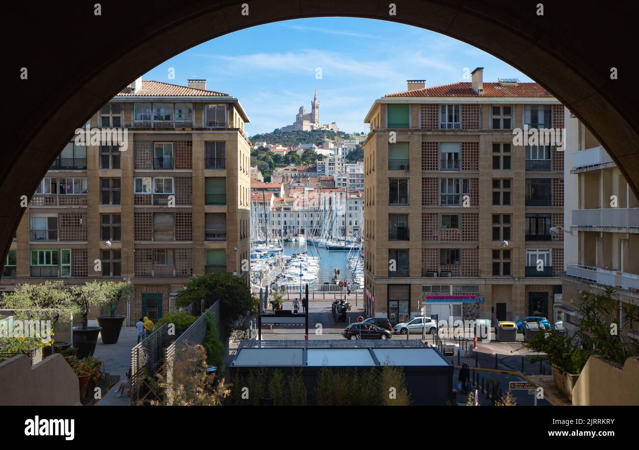 Marseille, France - May 15th 2022: View between housing blocks towards ...