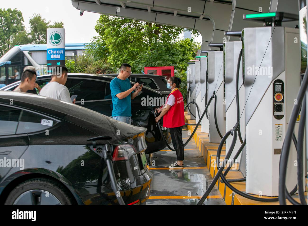 TAIZHOU, CHINA - AUGUST 26, 2022 - An electric vehicle is charged at a ...