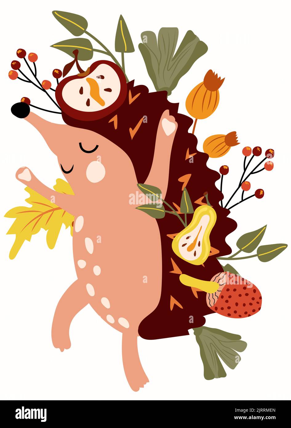 Cute Autumn composition with a dancing hedgehog, apple, pear, red berry ...