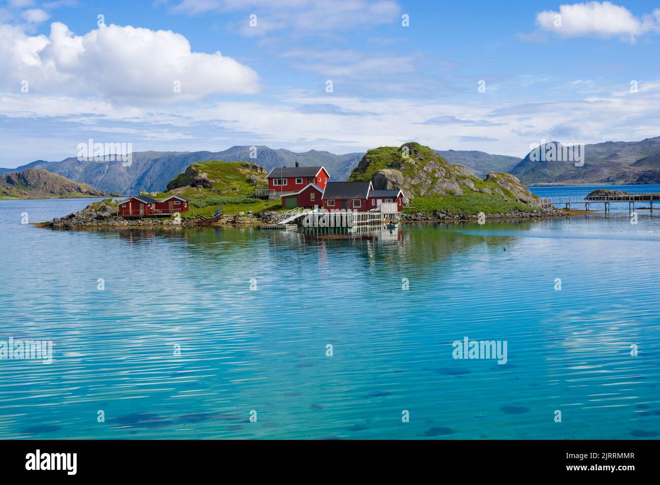 Fishing village with traditional red rorbu in Trollholmen island ...
