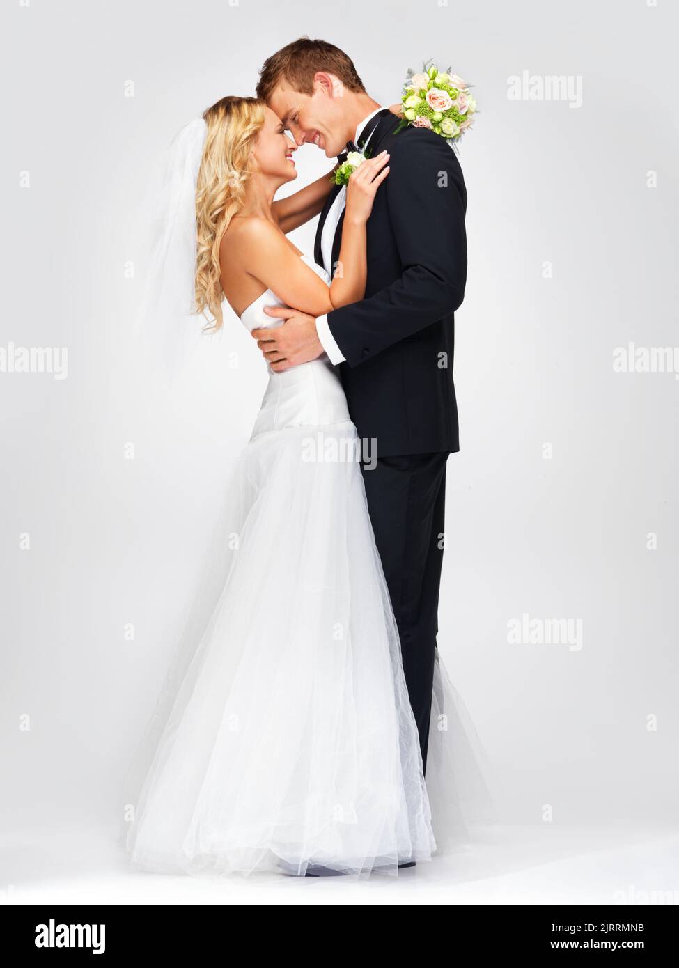 Wedding smile, couple hug and white background studio portrait. Happy ...