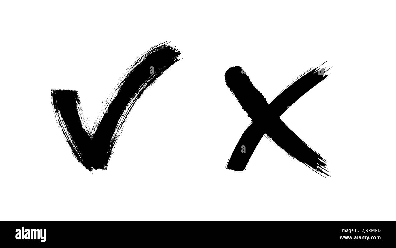 Brush painted yes and no checkmarks. Black and white check and cross ...