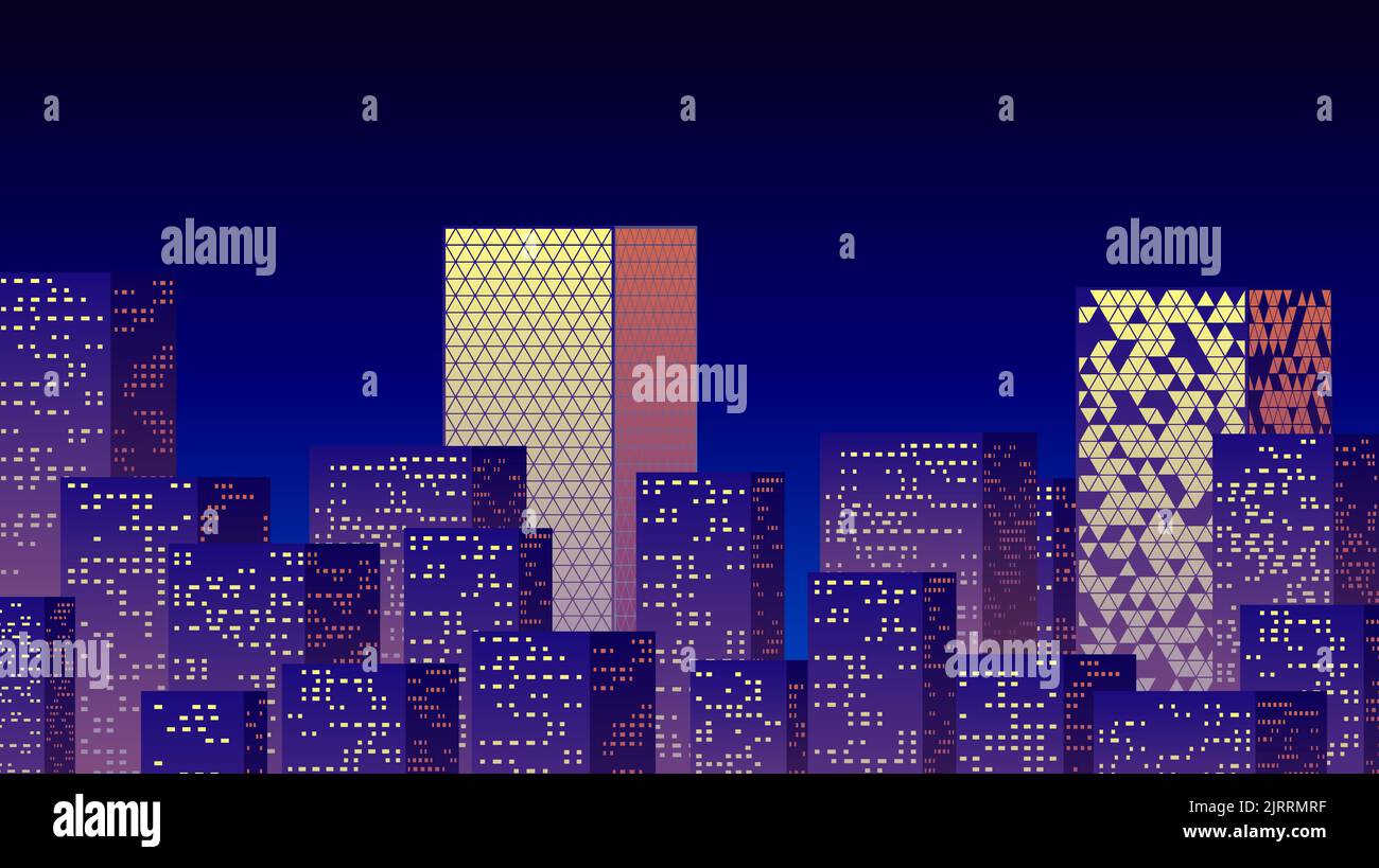 Neon night in the business city with skyscrapers. Purple highrise ...