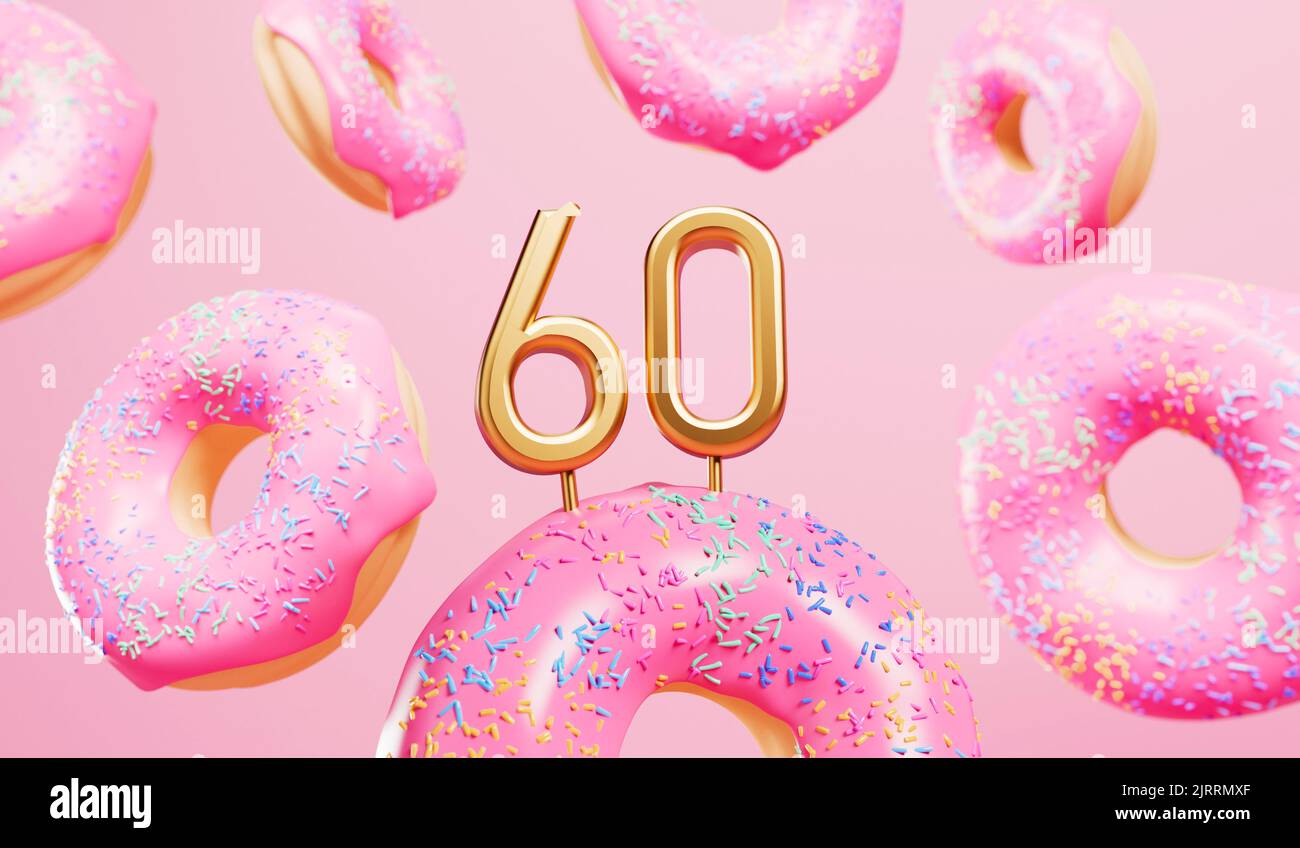Happy 60th birthday celebration background with pink frosted donuts. 3D ...