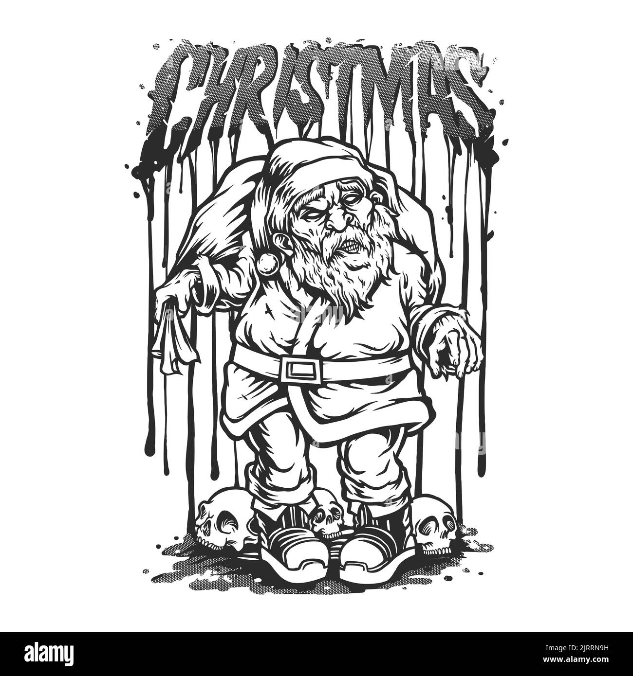 Zombie santa claus with skull head monochrome Vector illustrations for ...