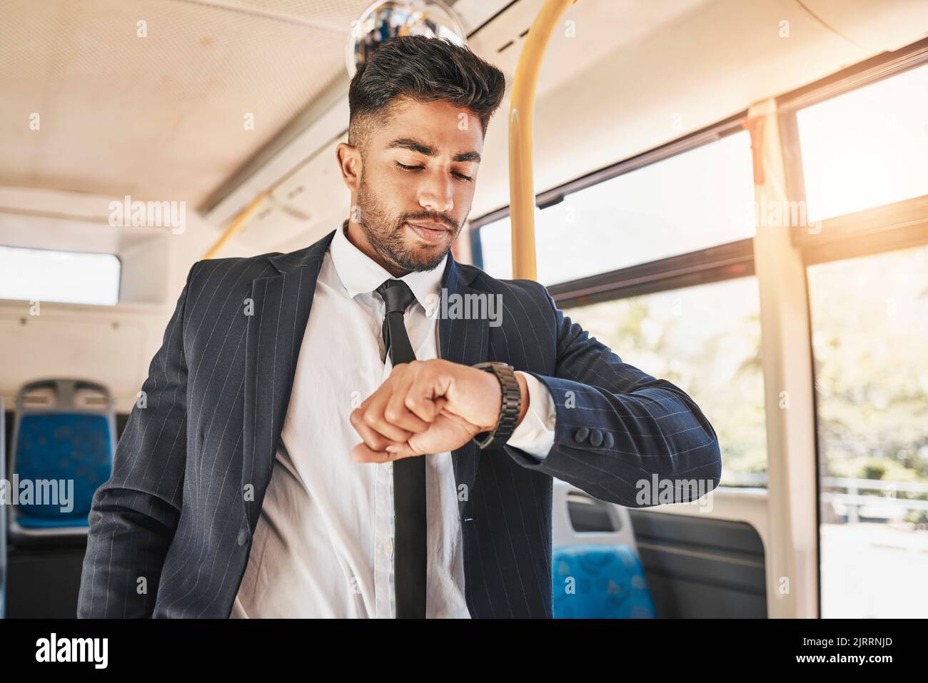 Business man on bus, travel time and morning transport to work, office ...