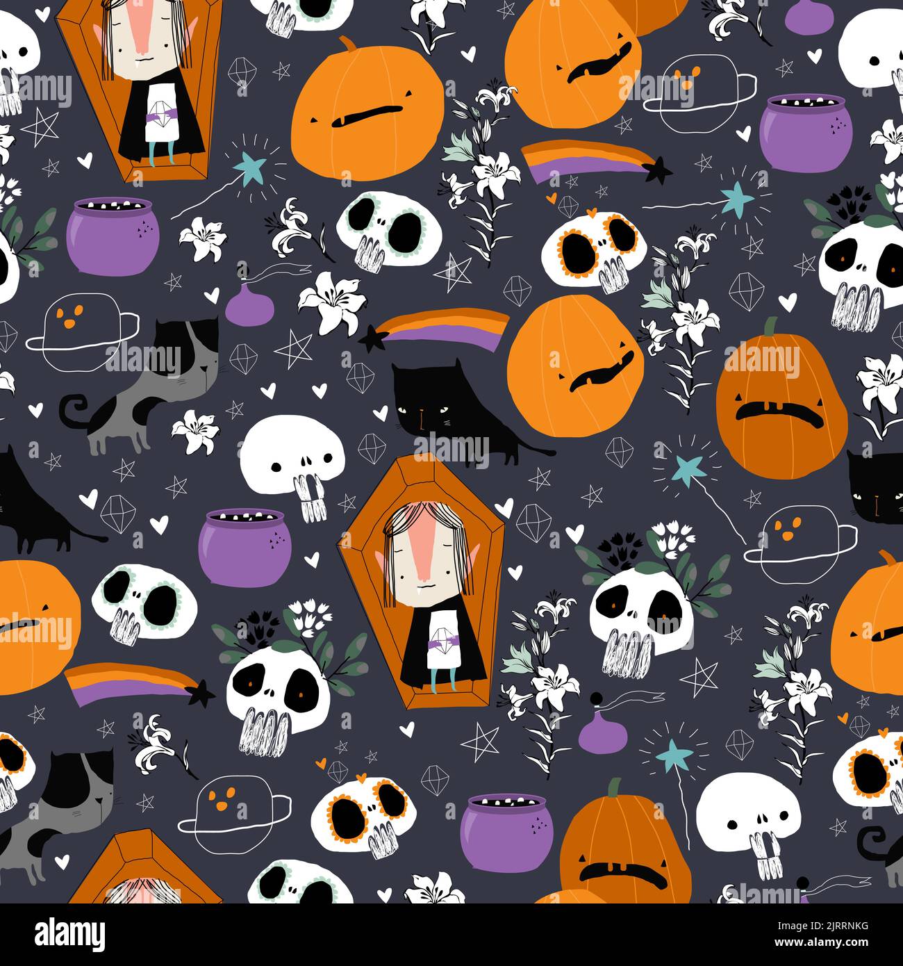 Seamless Pattern with Different Halloween Elements And Characters Stock ...