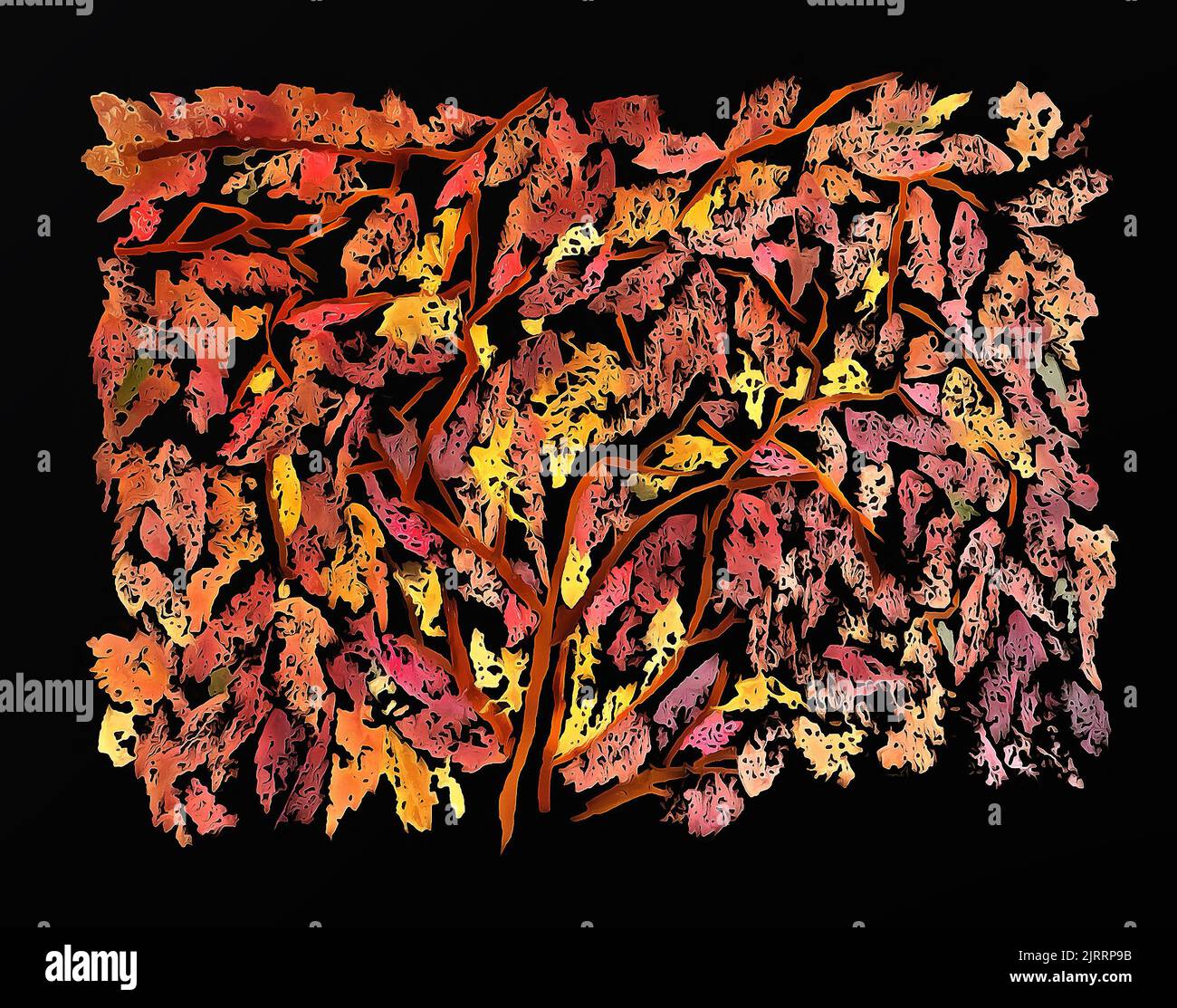 drawing of dried fall leaves and flowers on a lattice of thin straws ...