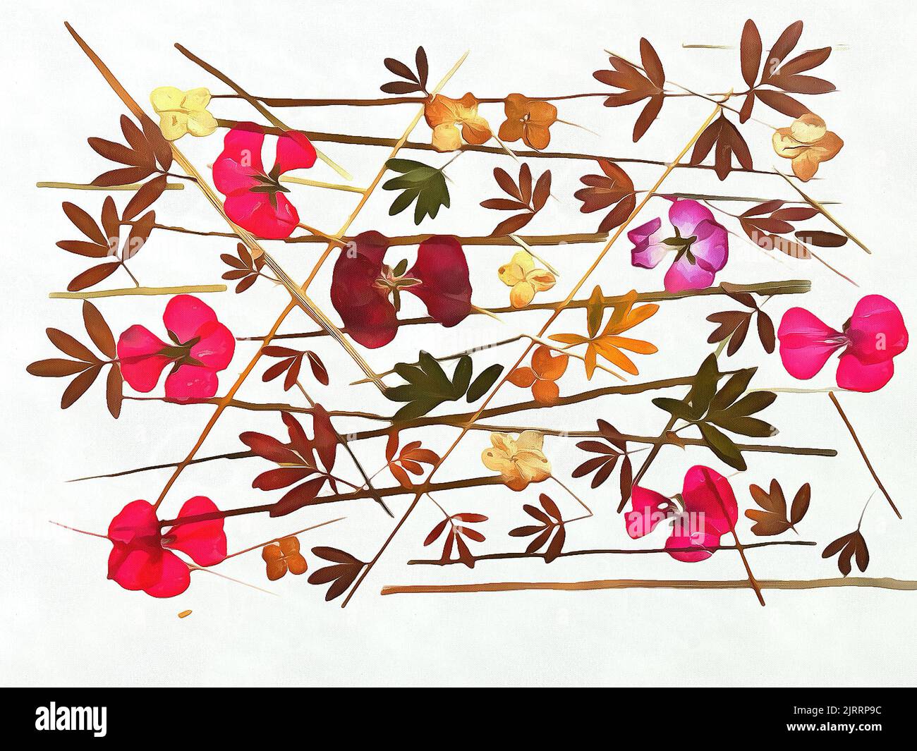 drawing of dried fall leaves and flowers on a lattice of thin straws ...
