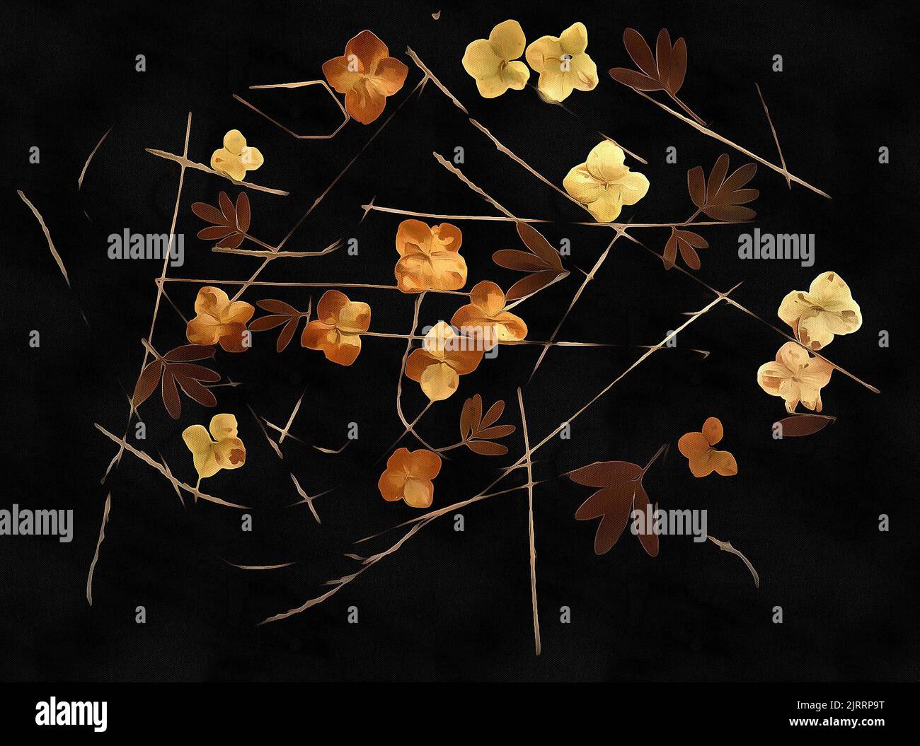 drawing of dried fall leaves and flowers on a lattice of thin straws ...