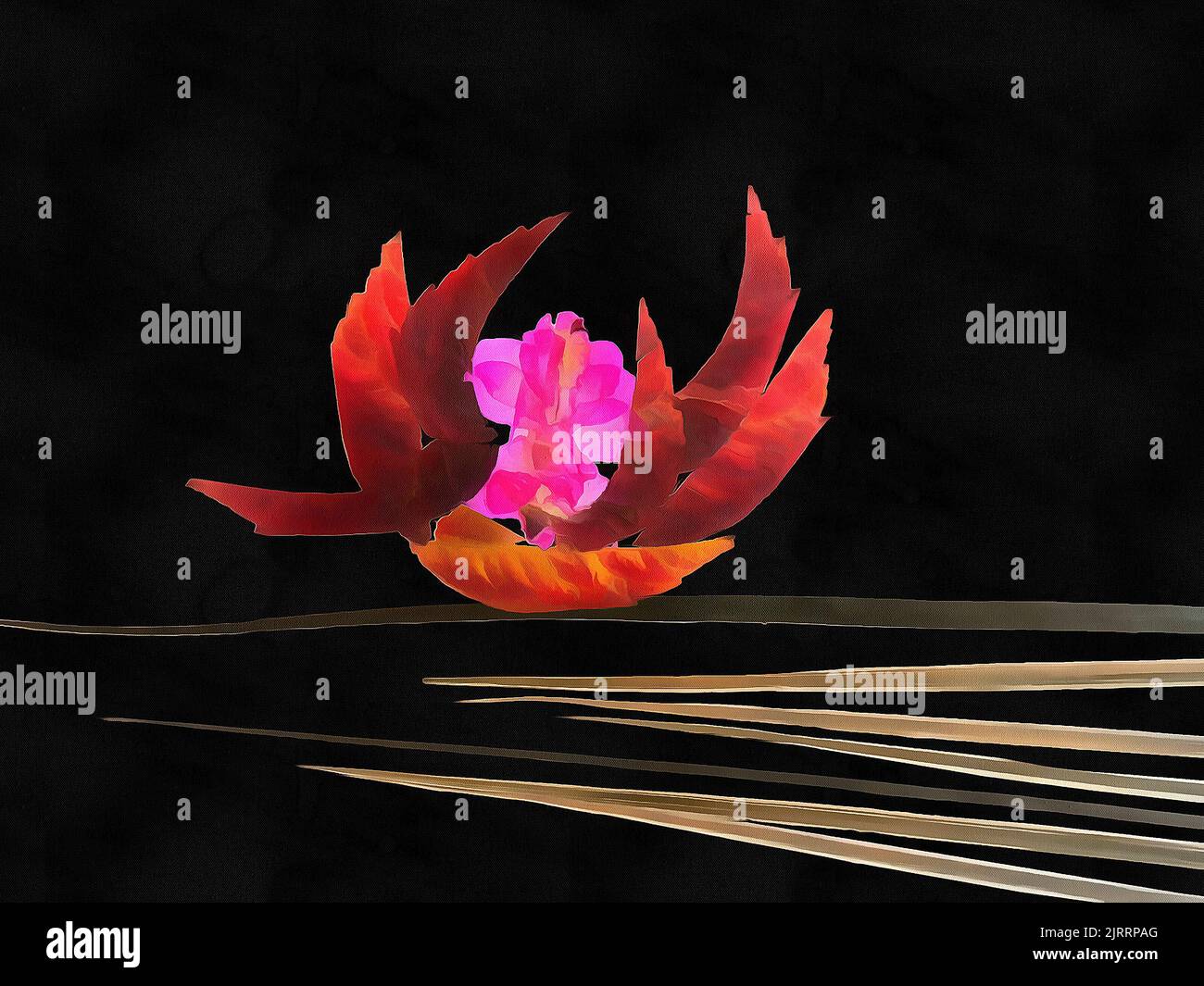 drawing of dried fall leaves and flowers on a lattice of thin straws ...