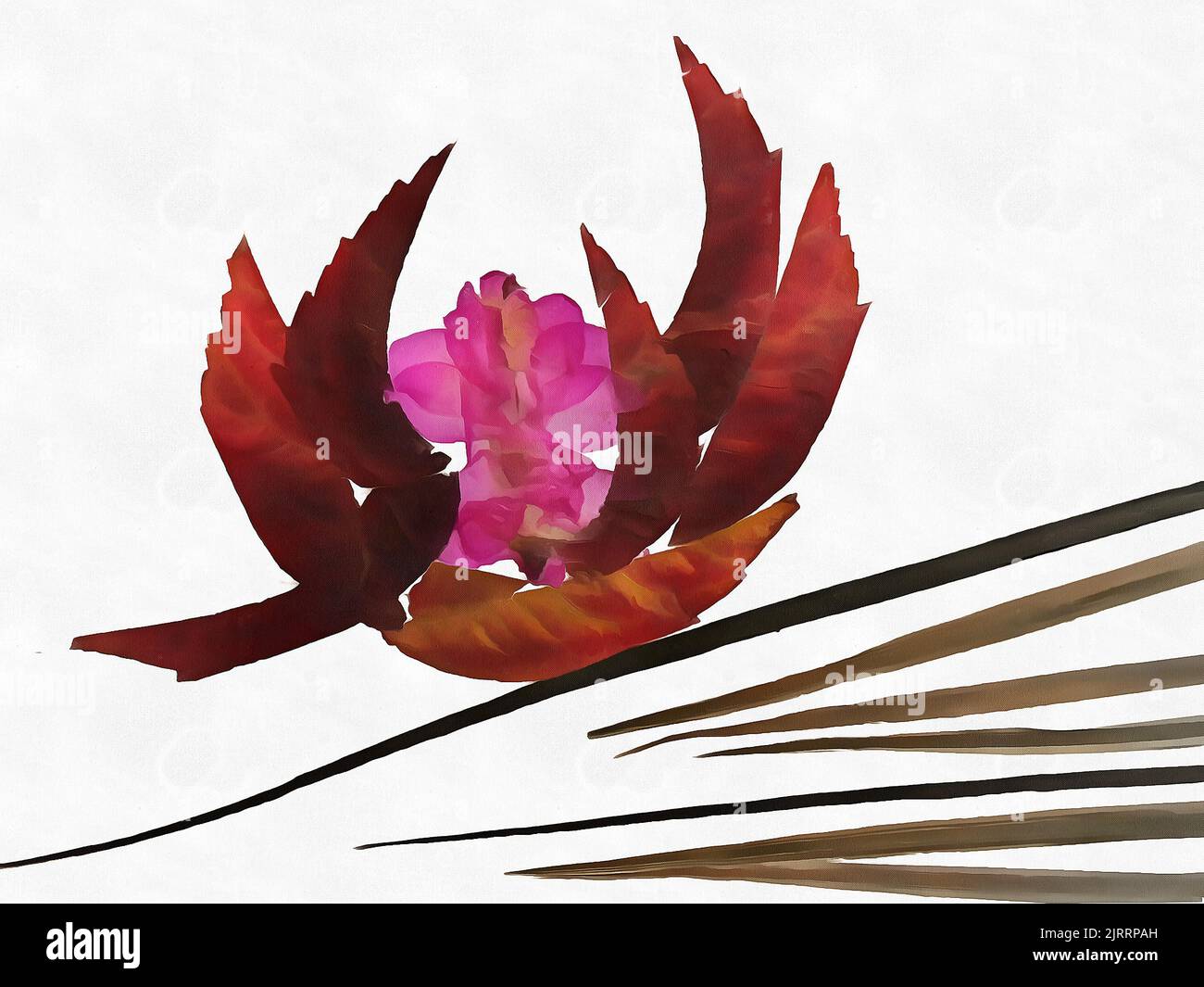 drawing of dried fall leaves and flowers on a lattice of thin straws ...