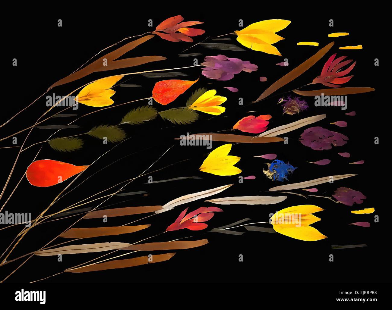 drawing of dried fall leaves and flowers on a lattice of thin straws ...