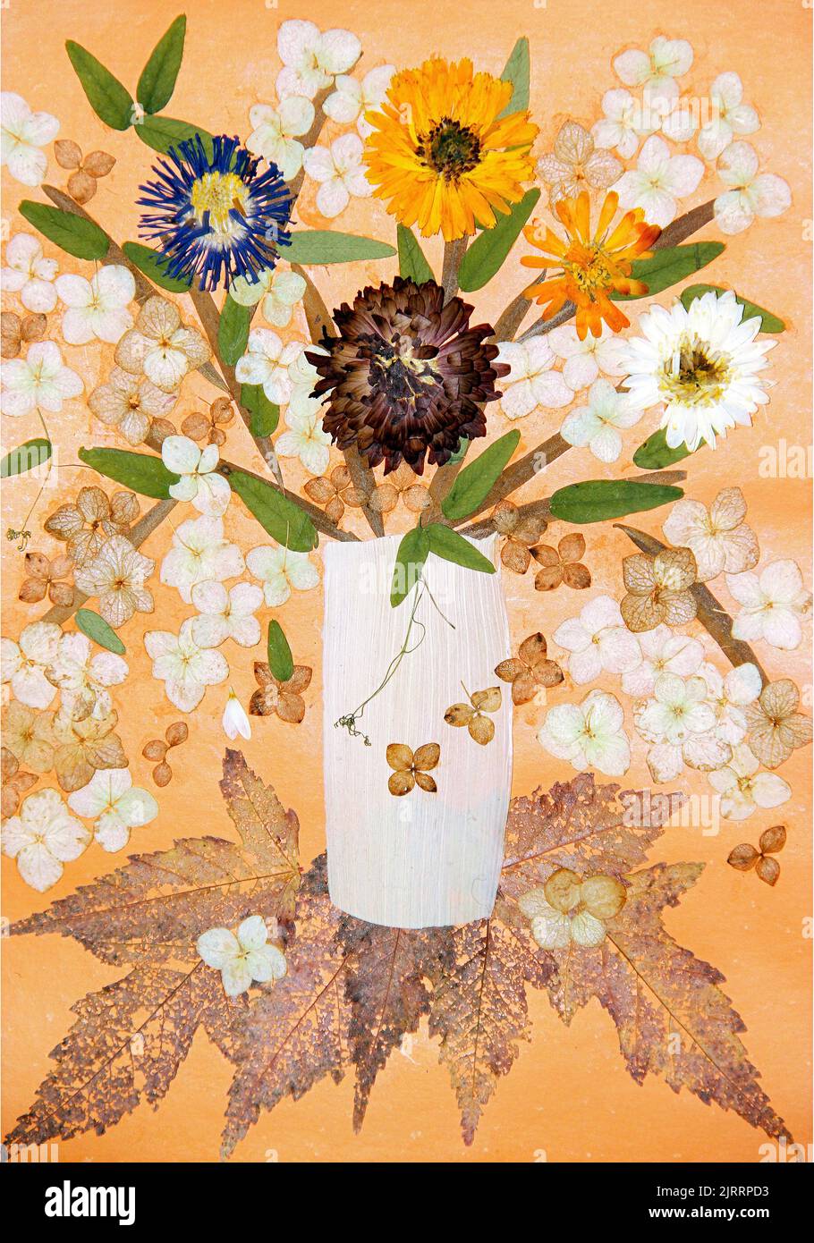 drawing of dried fall leaves and flowers on a lattice of thin straws ...