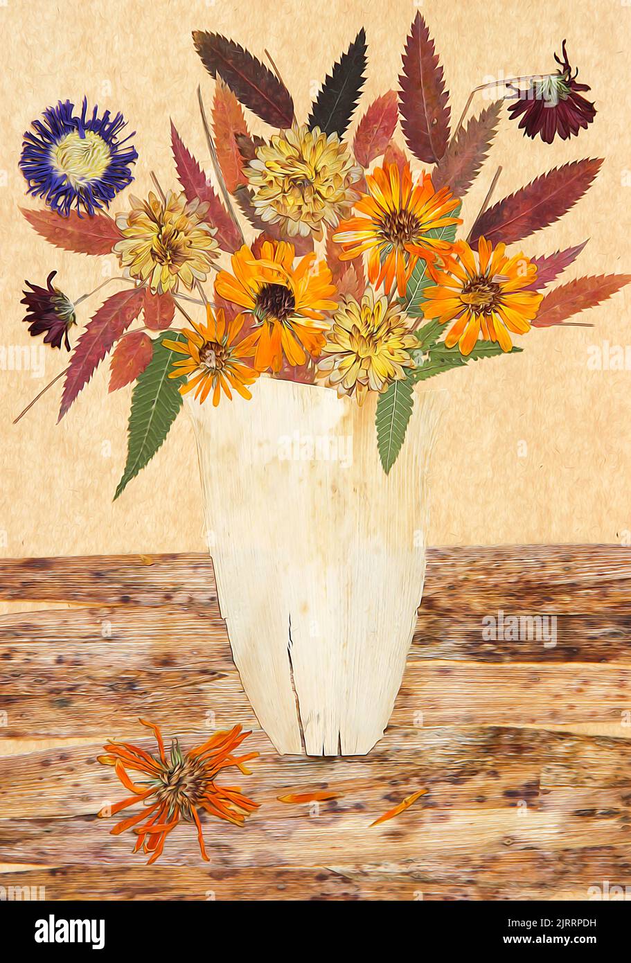 oil drawing bouquet of dried, pressed leaves of plants collected and ...