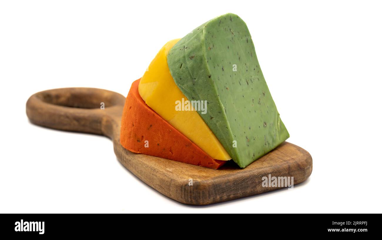 Hard Dutch gouda cheese. Assortment of guoda cheese isolated on a white ...